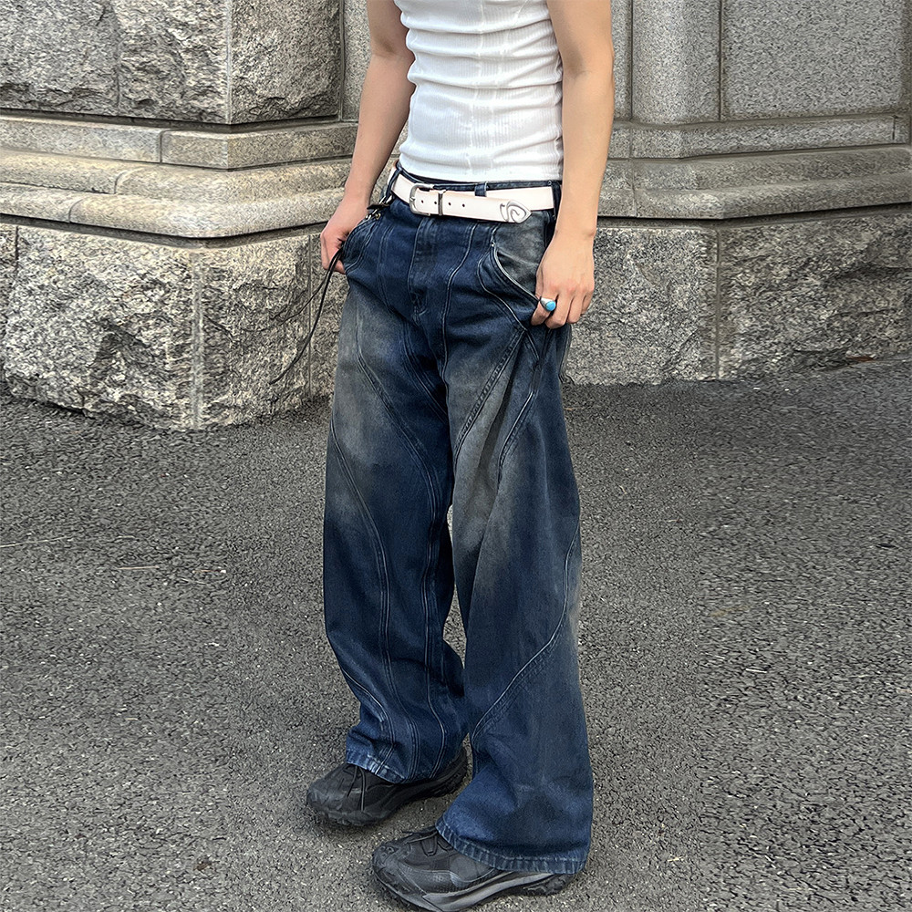 대일공업 Wavy biker washed denim 남자와이드청바지 남자중청바지 위시버킷