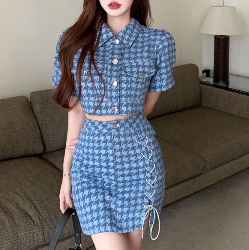 위드포에버 데님세트 투피스세트 여름신상 하운드투스 실버버튼 카라 퍼프 반팔 크롭 자켓 여름자켓 데님자켓 크로스 리본끈 H라인