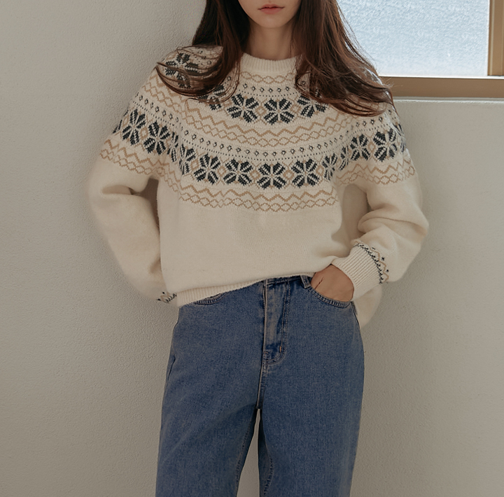 커먼유니크 레밋 래글런 스노우 니트 겨울 가을 빈티지 루즈핏 오버핏 롱슬리브 긴팔 패턴 눈꽃 크리스마스 연말니트 코위찬 위시버킷