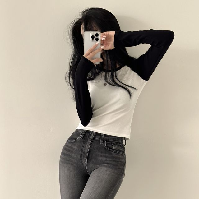 앤드모어 여리여리 손등덮는 말라보이는 골지 배색 나그랑 크롭 긴팔티셔츠 4color 앤드모어 위시버킷
