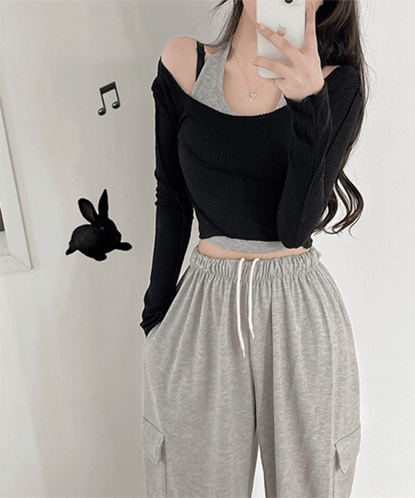 블러핏 인기코디 SET 제이드 절개 오프숄더 크롭 골지 티 루스 홀터넥 골지 쫀쫀 나시 라빈 카고 트레이닝 컬러