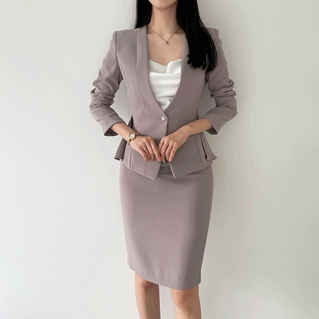 하이클래식 노블 진주 원버튼 페플럼 노카라 자켓 여성 치마 정장 투피스 세트 선택 가능 위시버킷