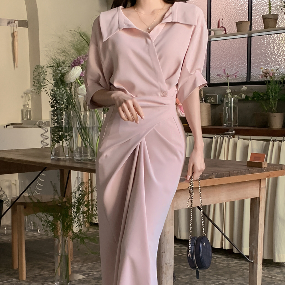 달리호텔 단독 주문폭주 Dali made 로엘 카라 셔츠 랩 꼬임 스트랩 리본 반팔 롱 원피스 하객룩 위시버킷