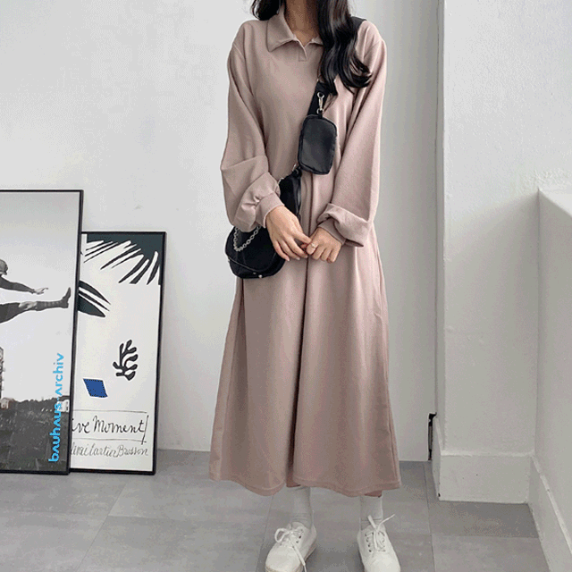 피치드림 당일발송 꾸안꾸 핏대박 스판 PK 카라 허리 리본 롱 원피스 위시버킷