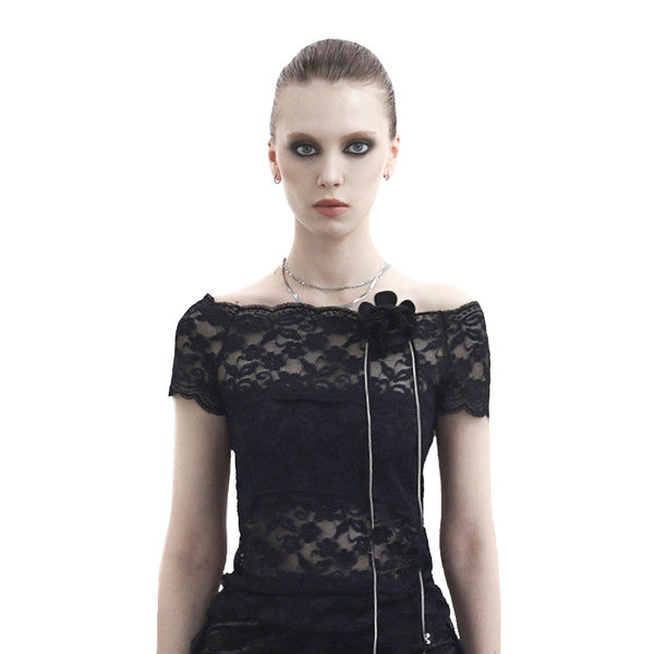 기묘 FLOWER TRACK LACE TOP (BLACK) - 위시버킷