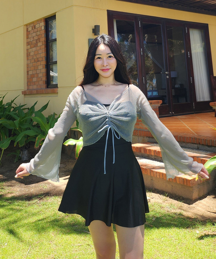 커브미 L-5XL 빅사이즈 여리여리 시스루 커버 세트 나시 여성 원피스 수영복 - 위시버킷