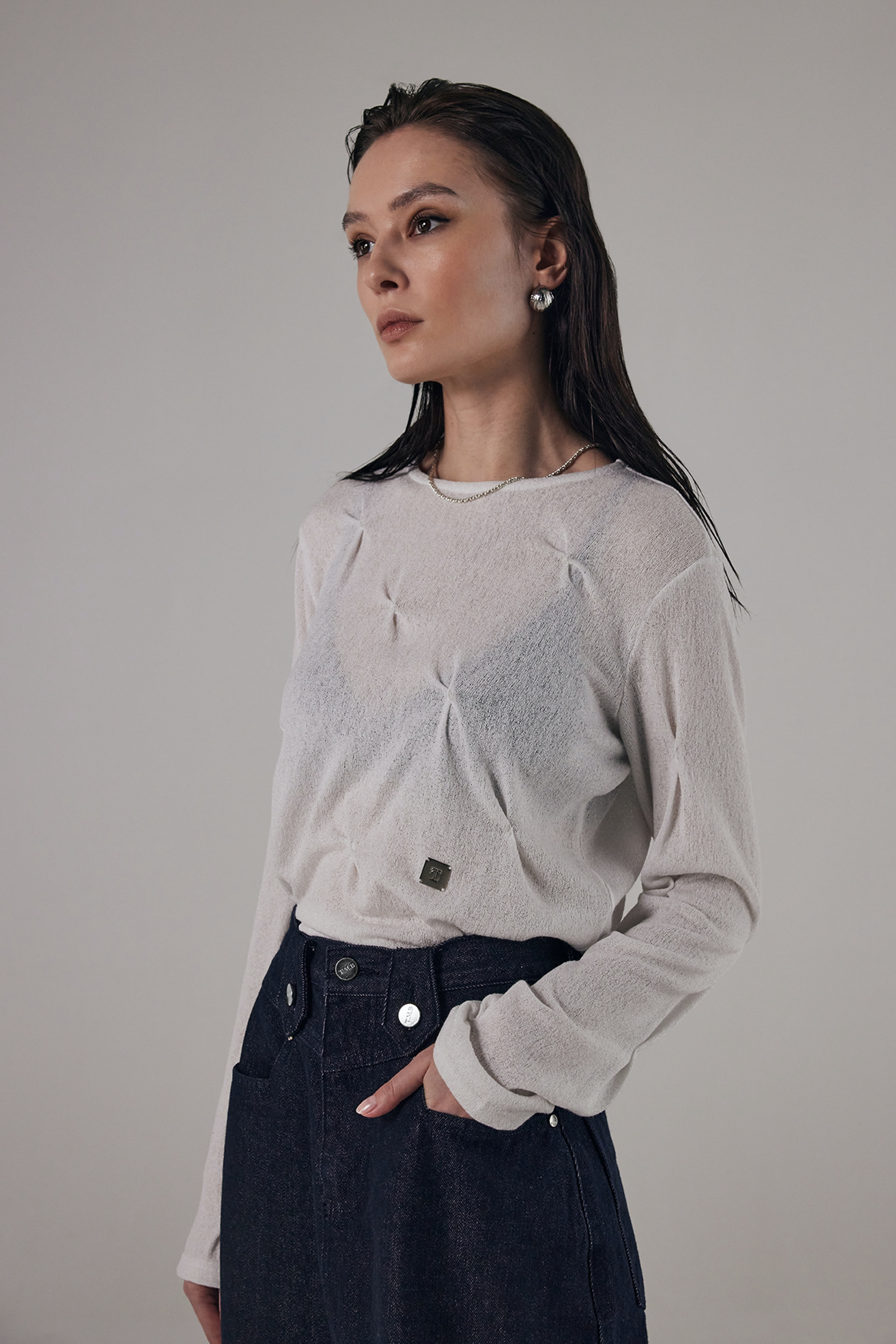 트리밍버드 Bar-Tack See-Through Long Sleeves [ White ] - 위시버킷