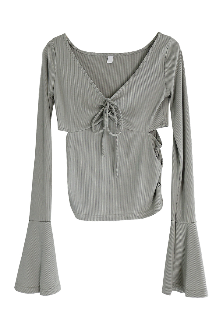 시크윈 [당일출고] STOO SIDE CUTOUT TENSION V-NECK STRING SLEEVE SHIRRING TOP ...