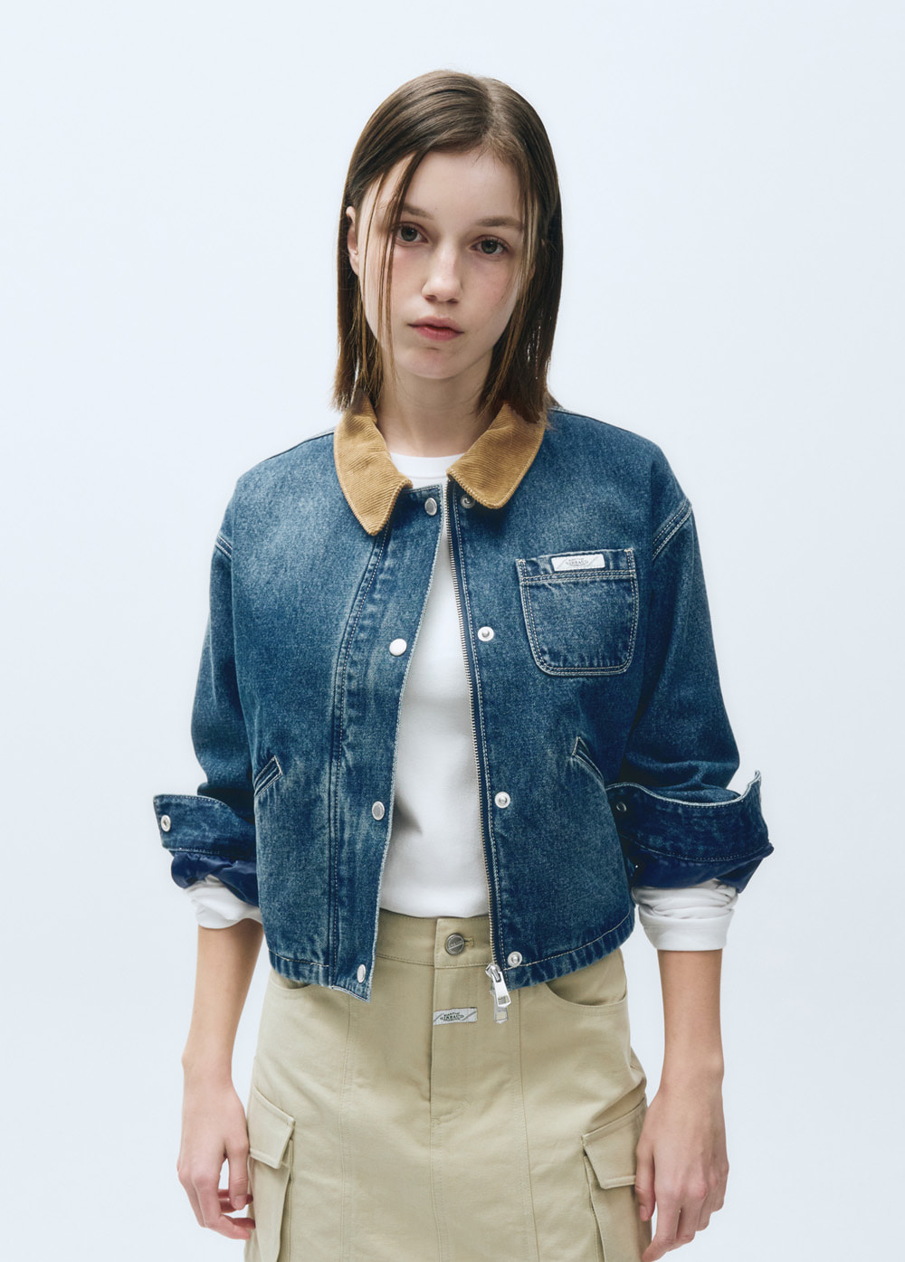 마리떼 W NECK POINT CROP WORK JACKET blue - 위시버킷