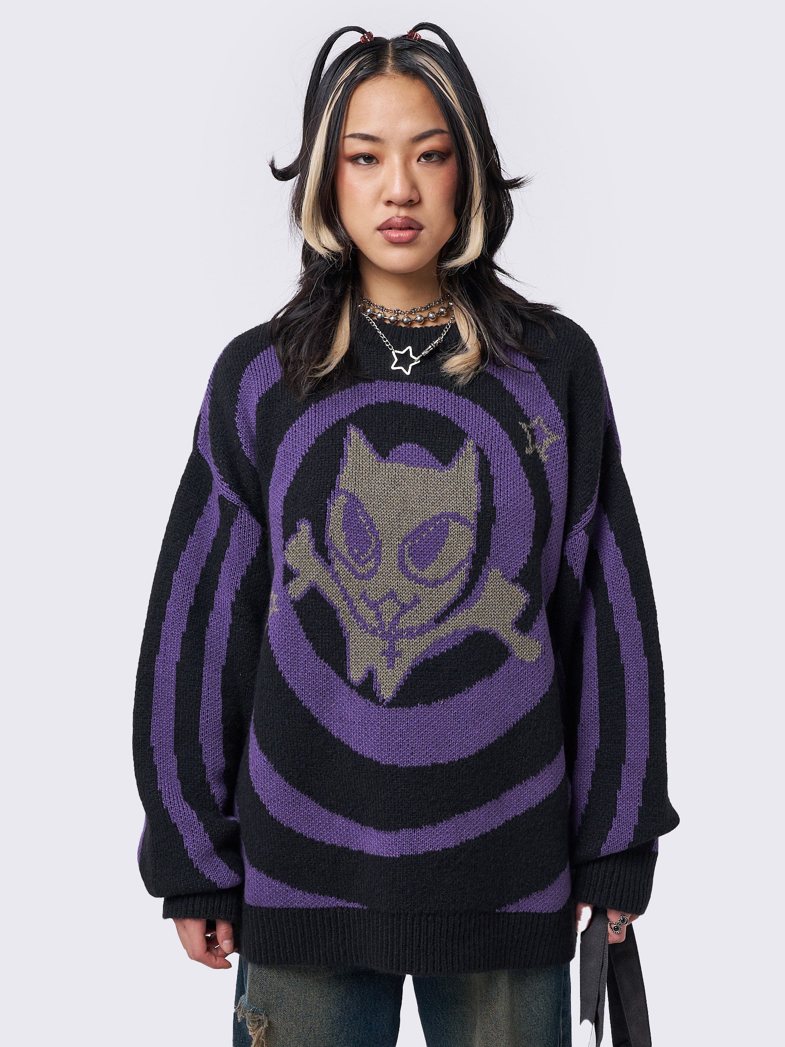 밍가 Cyber Kitty Swirl Graphic Knit Sweater - XS / Purple - 위시버킷