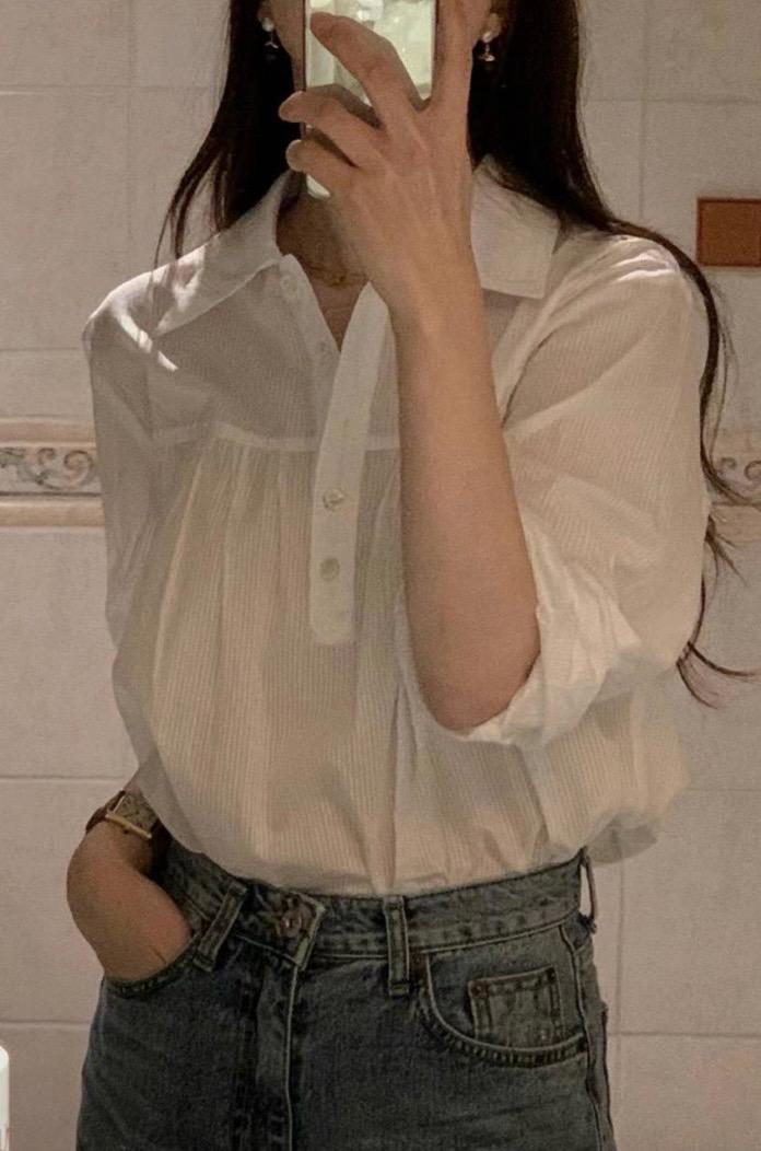 나우어데이즈 objet 오브제 제인 레이스 셔링 블라우스 코튼 긴팔 카라 bl (3col) - 위시버킷