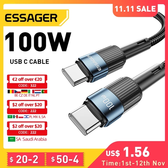 Essager 100W USB 유형 C USB C 케이블 USB-C PD 충전기 Macbook 용 와이어 코드 삼성 Xiaomi 타입 C USBC 케이블 3M - 위시버킷