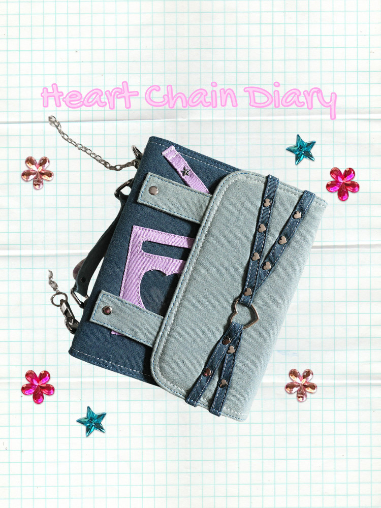 수심 수심 Heart Chain Diary 데님 체인 다이어리 하트 y2k 커버 A5 바인더 - 위시버킷