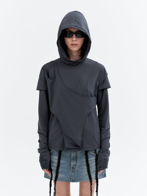 엘이이와이 CUFFS SHIRRING LAYERED HOODED TOP GRAY - 위시버킷