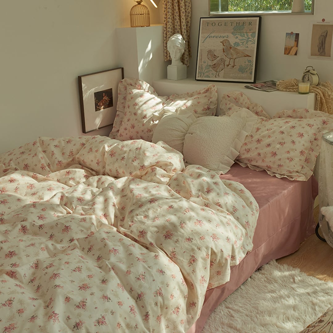 스프라우티드시드 Pink Floral Ruffled Duvet Cover Set, Cotton Bedding Sets ...