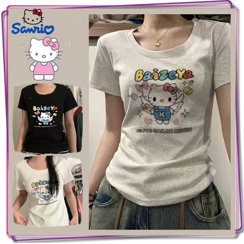 산리오 산리오 헬로 키티 Y2K 여성 반팔, 귀여운 소녀, 트렌디 패션, 신상 핏 티셔츠, U넥 상의, 여름 의류 선물 - 위시버킷