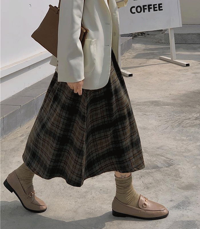 다바나 보헤미안~ 복고풍 체크 모직 스커트 가을 겨울 프랑스 격자무늬 두꺼운 모직치마 와이드핏 A라인 캐주얼치마 여성 아우터 슈트스커트 플레어 치마 겨울모직치마 정장치마