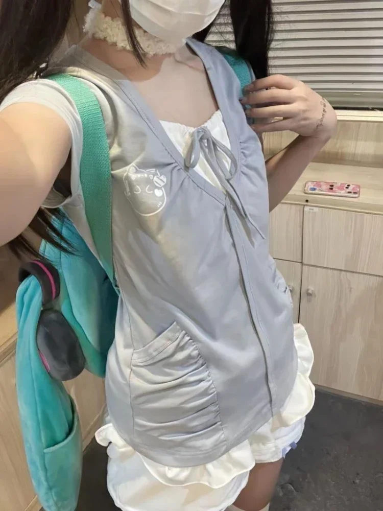 알리익스프레스 여성용 페이크 투피스 패치워크 티셔츠 캐주얼 스트리트웨어 Y2k 플리츠 활 포켓 티셔츠 시크하고 달콤한 만화