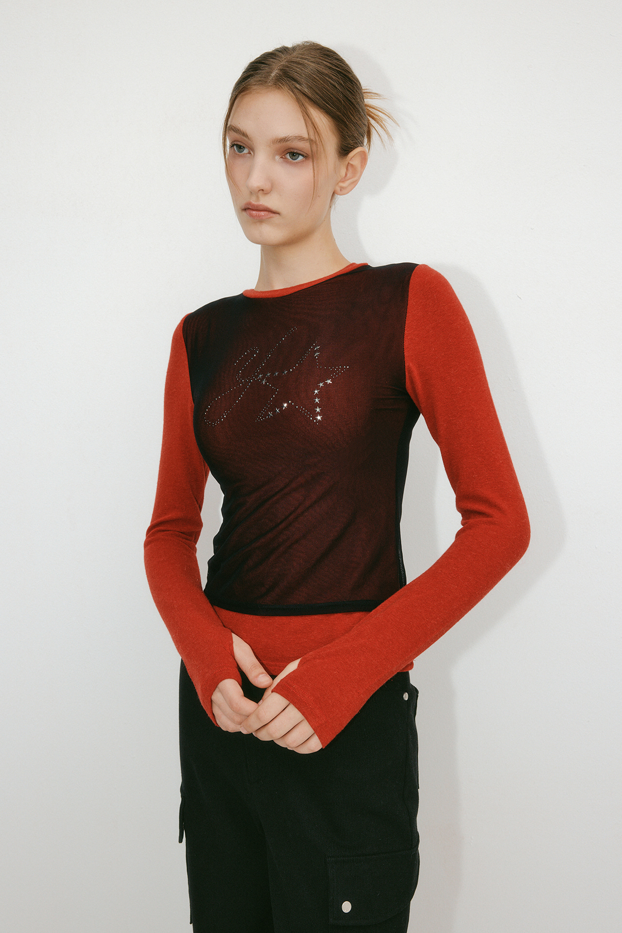 유즈 HOT FIX POINT MESH LAYERED ANGORA T-SHIRT - RED - 위시버킷