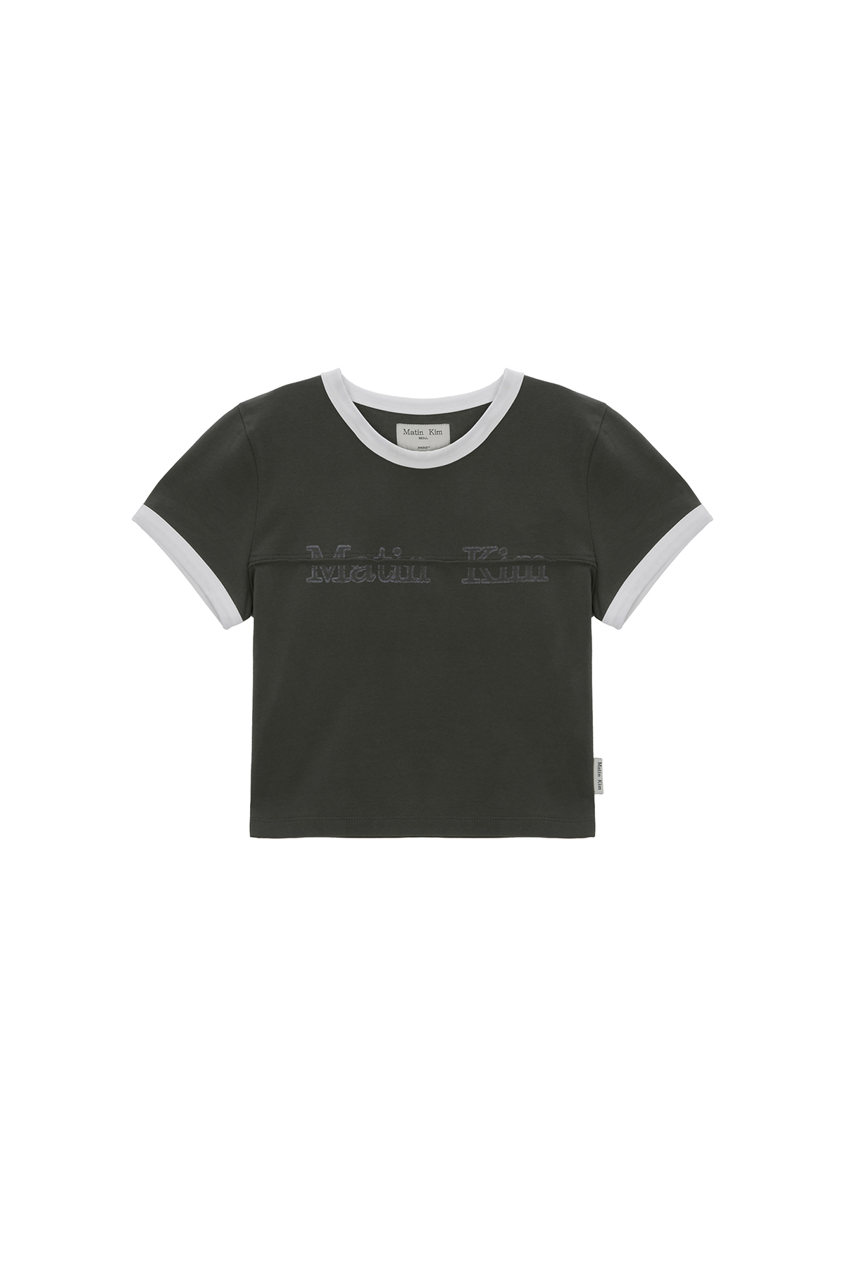 마뗑킴 CUTTED LOGO RINGER CROP TOP IN CHARCOAL - 위시버킷