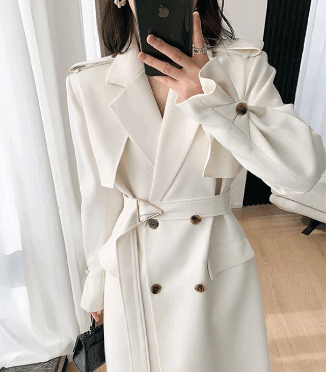 다바나 드레이프 트렌치 더블 롱코트벨티드 셔츠 카라 베이지 윈드 브레이커 여성 2023 봄 신상 바바리 피코트 더블브레스트 미디코트 중간 길이 상의 아우터 블레이저