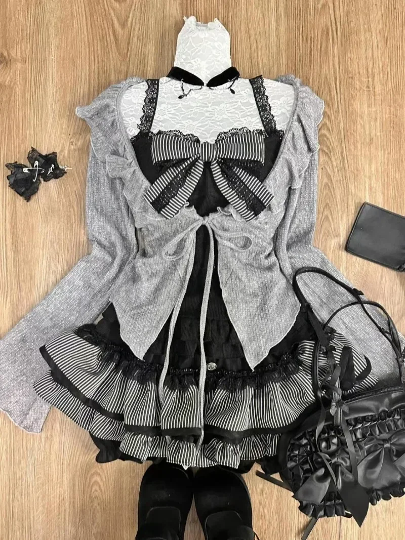 알리익스프레스 귀여운 로리타 레이스업 프릴 가디건 섹시한 슬림핏 스트랩리스 조끼 상의 하이웨이스트 구김 스커트 3 종