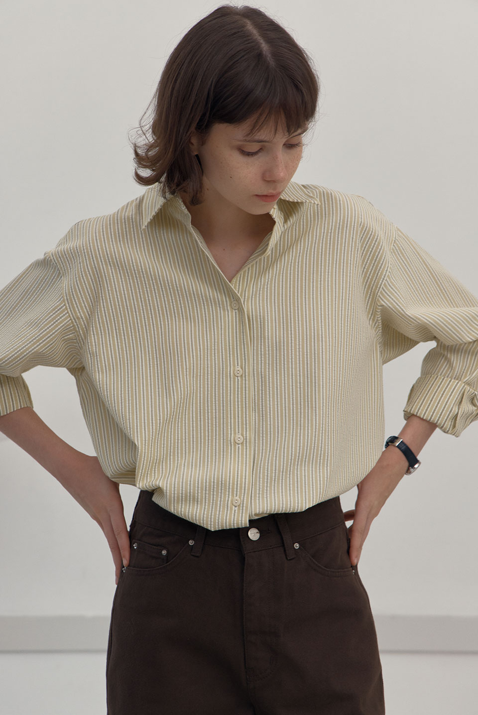 브렌다브렌든 서울 becky stripe shirt - beige - 위시버킷