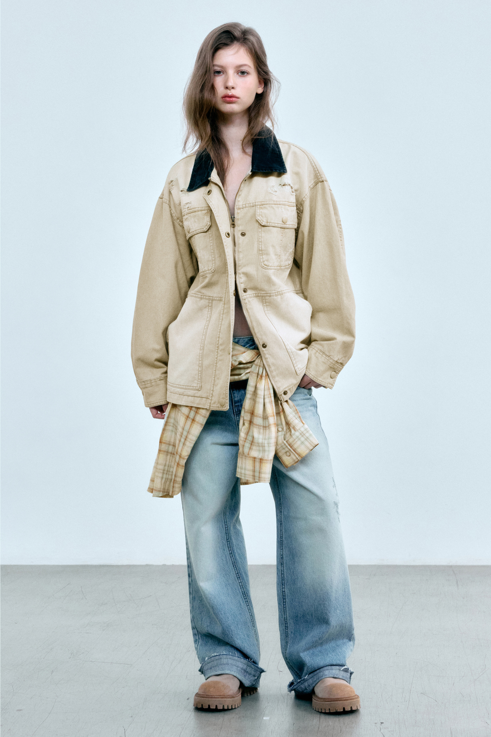 더오유 VINTAGE BRUSH-WASH WORK JACKET (BEIGE) - 위시버킷