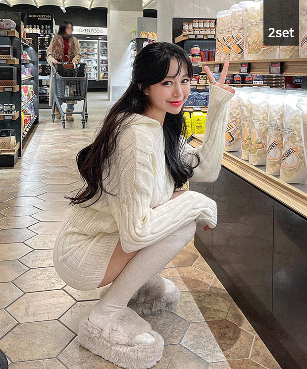 럽뮤즈 [2set/꼭소장ෆ] 베어 꽈배기 크롭후드+스커트,set - 위시버킷