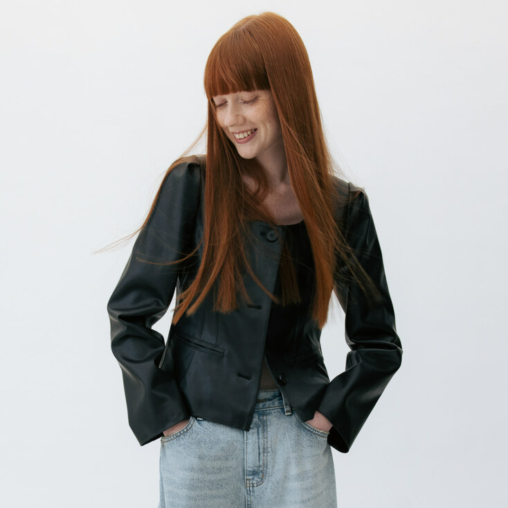 콤스튜디오 CO FAUX LEATHER SQUARE NECK JACKET_BLACK - 위시버킷