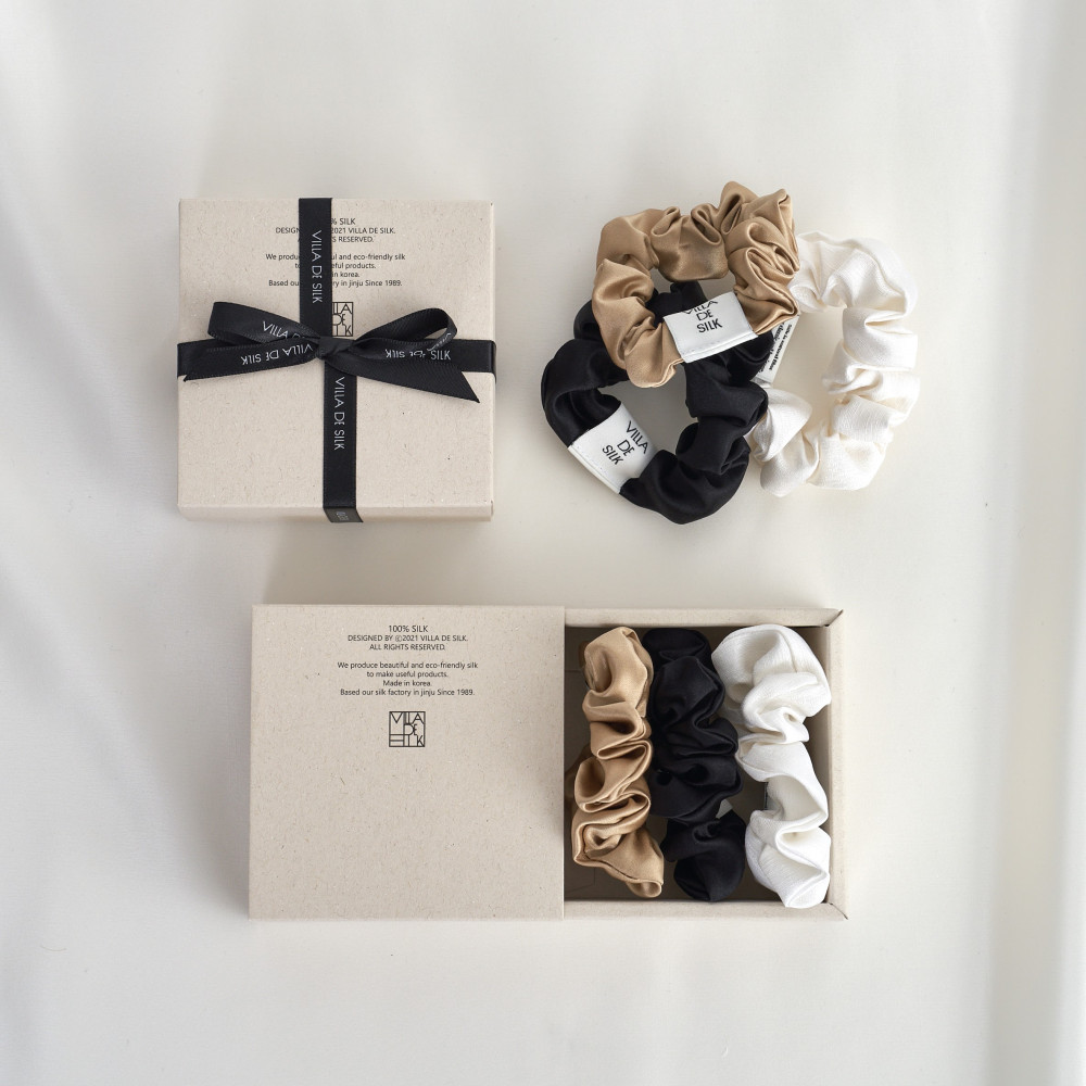 빌라드실크 Baby scrunchie 3set (White/Beige/Black) 빌라드실크 곱창밴드 미니 실크 스크런치 세트 ...