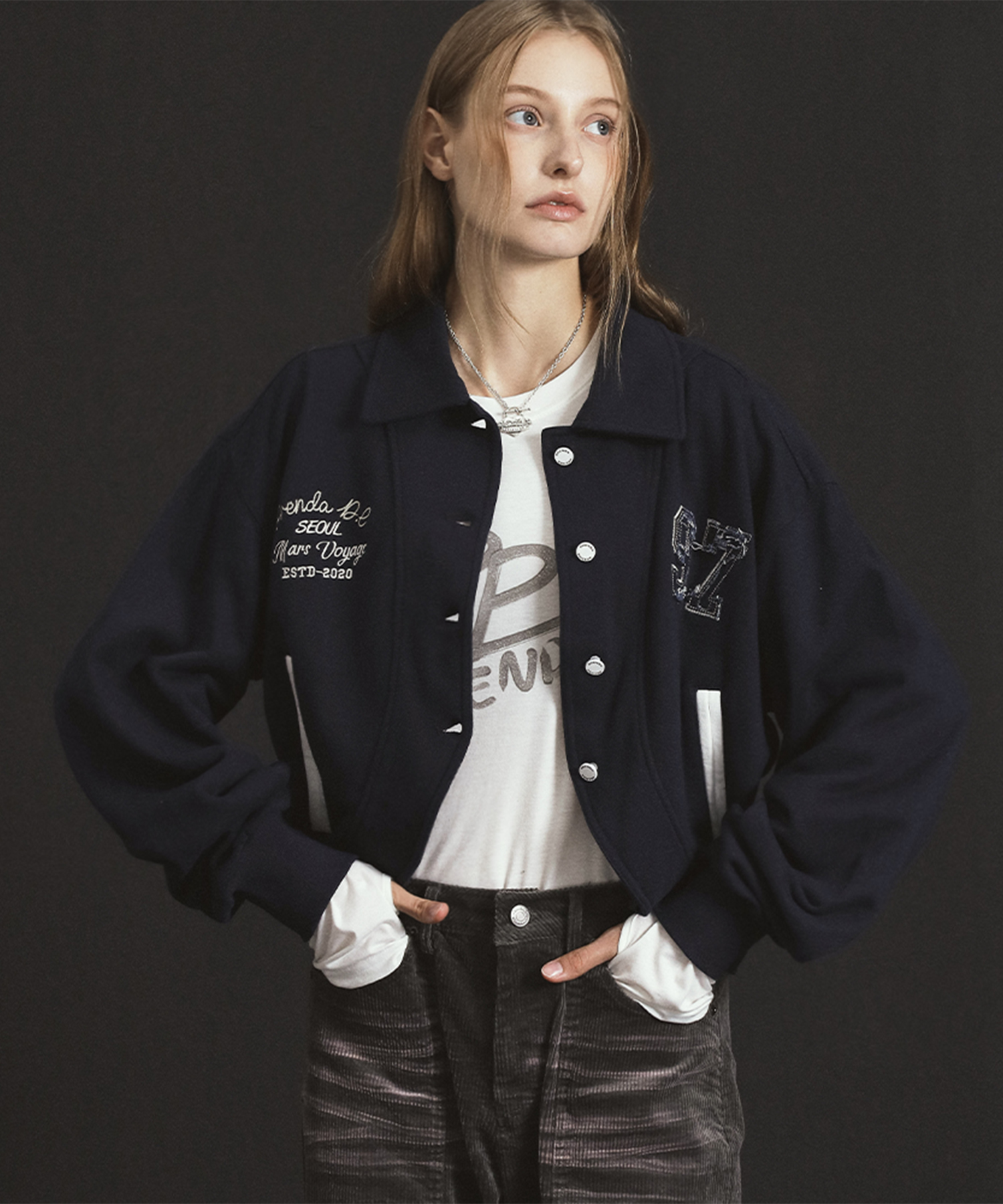 프렌다 ROUNDY CROPPED VASITY JACKET NAVY - 위시버킷