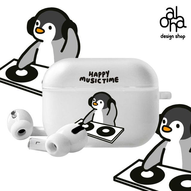알로하디자인샵 귀여운 펭귄 디제잉 프로2 일러스트 에어팟 123세대 화이트 옐로 오렌지 핑크 노랑 민트 퍼플 네이비 블랙 투명하드 반투명 젤리 케이스 남친 여친 선물 생일