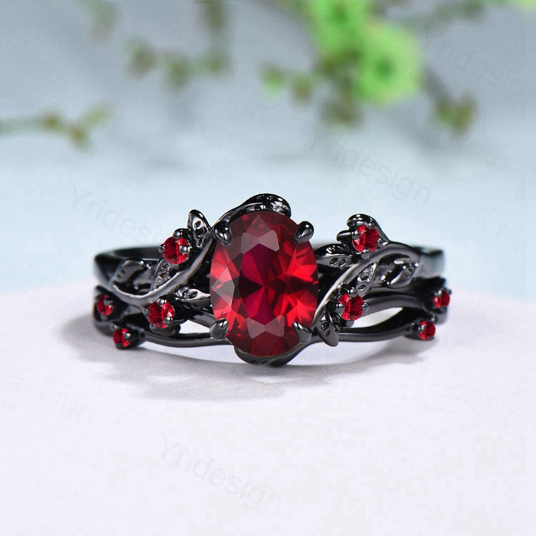 YRIDESIGN Nature Inspired Leaf ruby ring set black gold branch twig lab ...