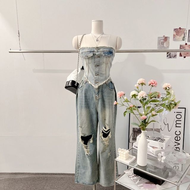 이프유마인 탑팬츠set하이틴 여름 힙 스트릿 Y2k 아이브 워싱 데님 청 오프숄더 튜브탑 탱크탑 크롭 나시 데미지 찢청 구제 와이드 팬츠 투피스 세트이프유마인