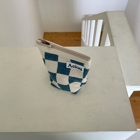 아에이오우 Aeiou Basic Pouch (M size)Linen Checkerboard Teal Green - 위시버킷