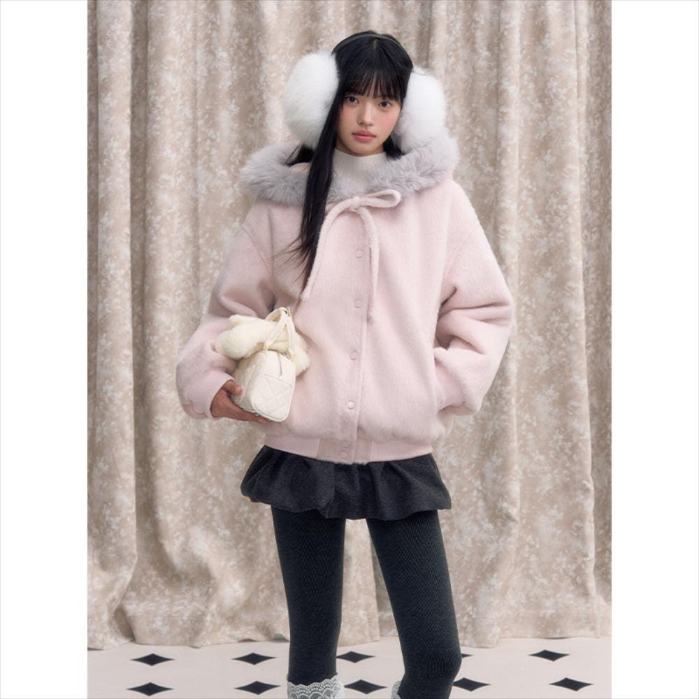 젤리보드 Soote Season pink bow hooded baseball jacket - 위시버킷