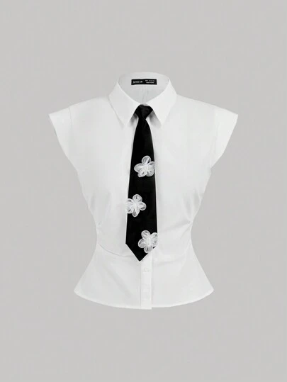 쉬인 SHEIN MOD Ladies' White Dress Shirt With Necktie Decorated Front ...