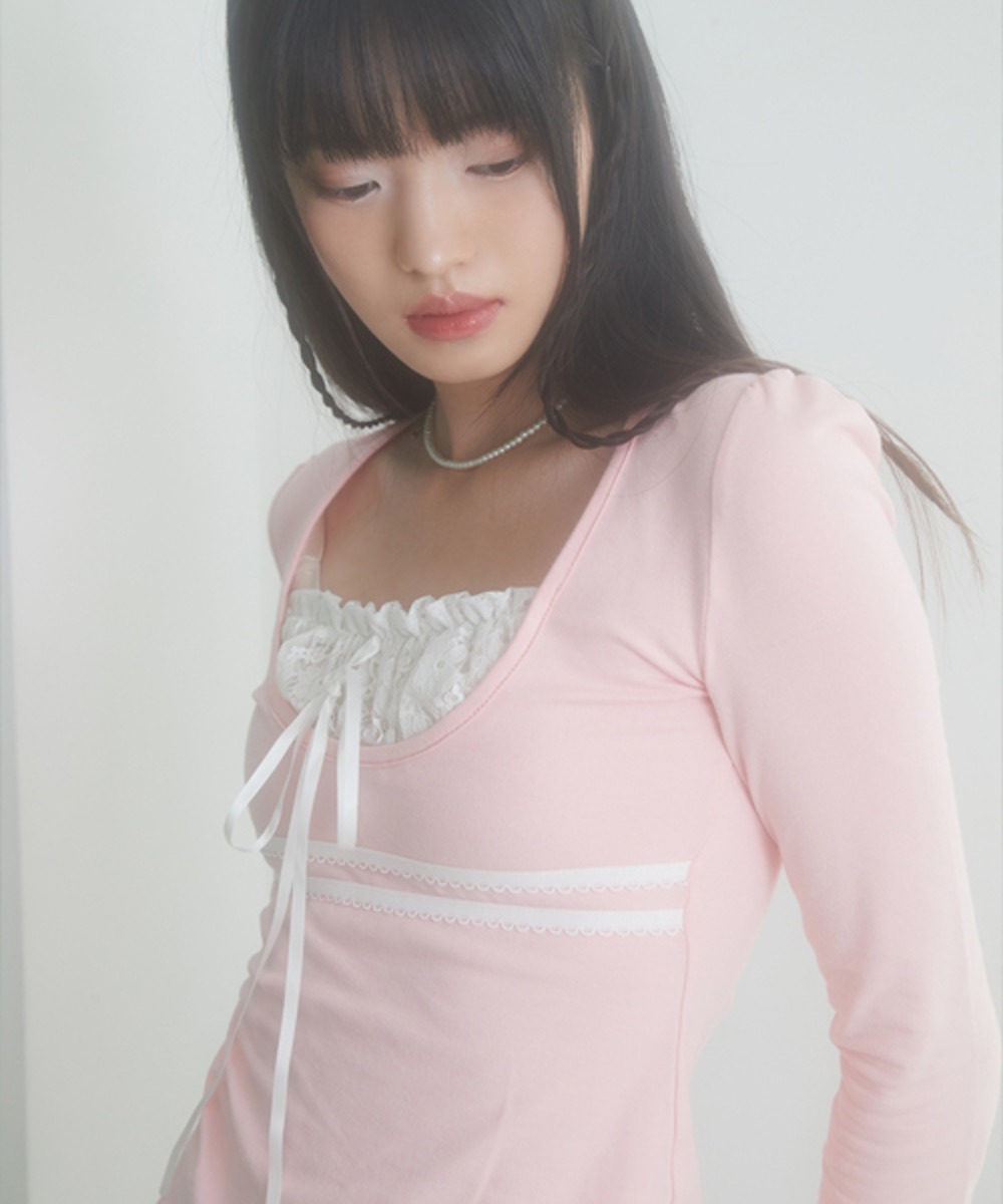 지제뮤지엄 LACE RIBBON TOP ( BABY PINK ) - 위시버킷