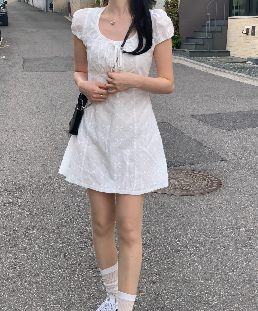 루앤메리 바닐라 리본 반팔 미니원피스 (2col), 퍼프 a라인 여름원피스 - 위시버킷