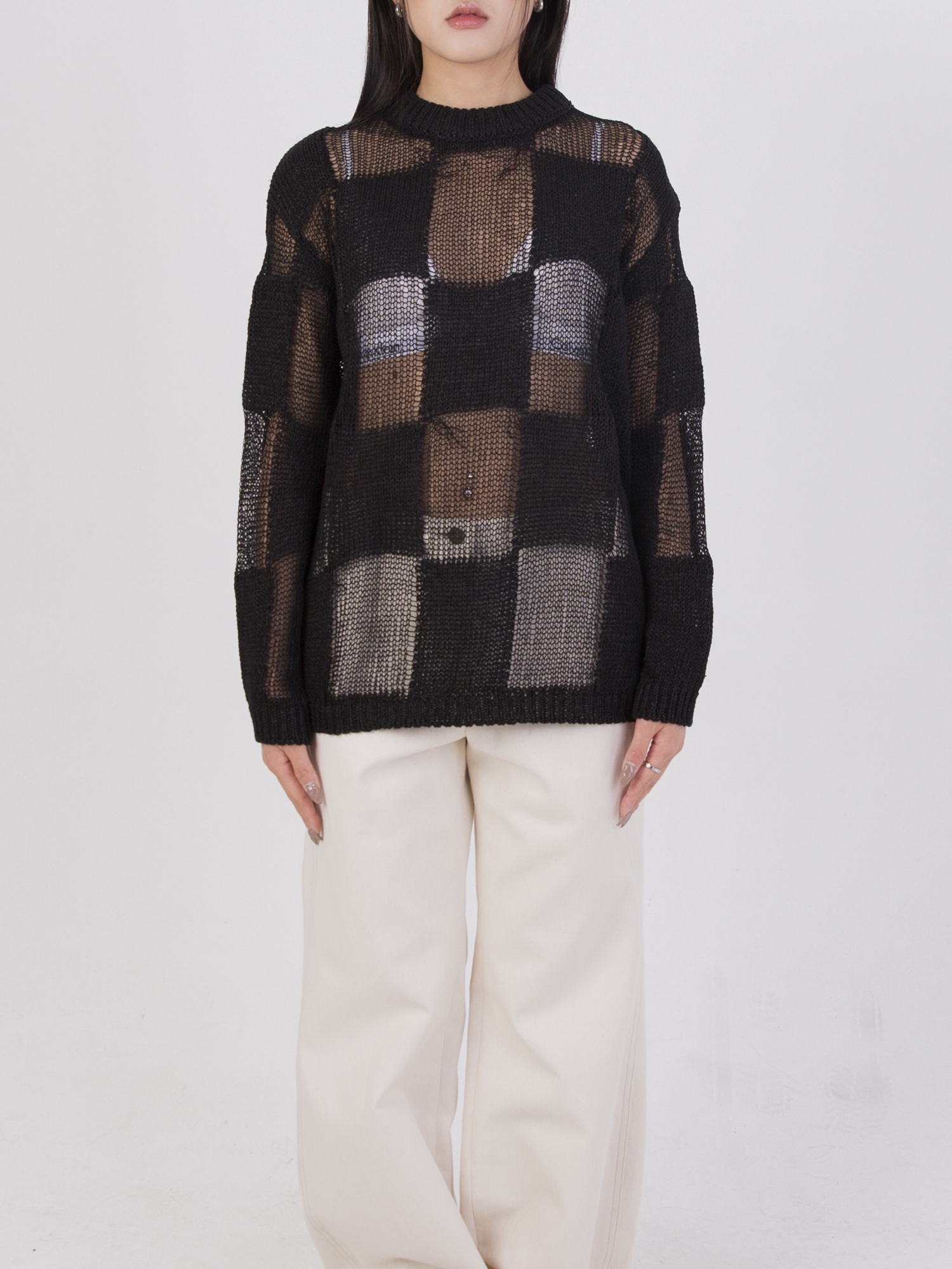 더엑스샵 더오픈프로덕트 PAPER YARN CHECKER BOARD PULLOVER-BLACK - 위시버킷