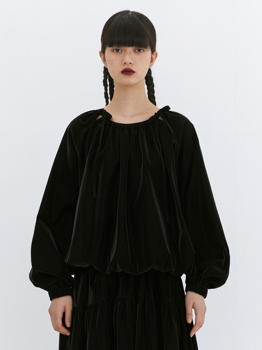 버뮬라 GLOSSY TWILL STRING BLOUSE (BLACK) - 위시버킷