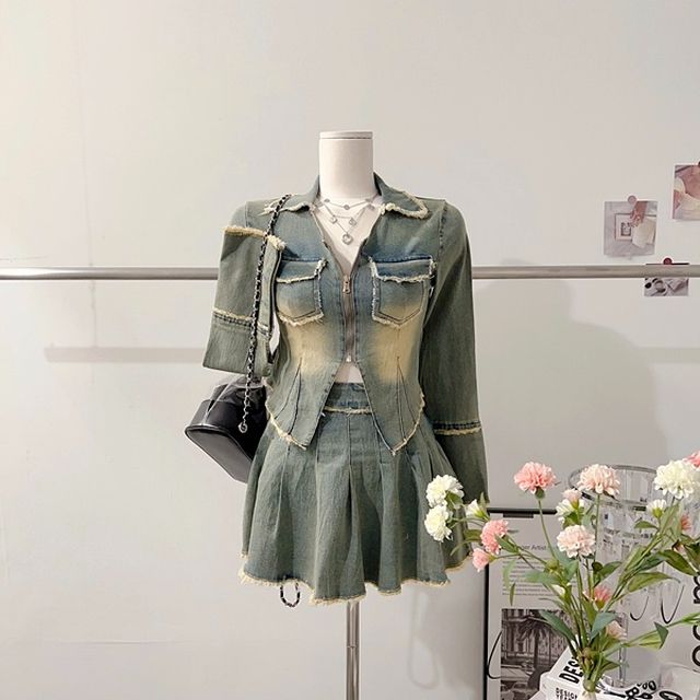 이프유마인 자켓스커트set하이틴 가을 Y2k 모히칸 데미지 찢청 컷팅 포켓 언발 데님 청 크롭 숏 자켓 A라인 플레어 플리츠 주름 캉캉 미니 스커트 투피스 세트