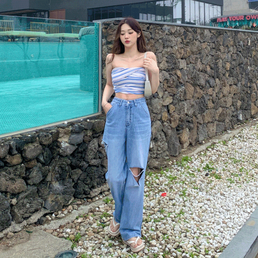 워너비뮤즈 무배🚀 미친핏🐬데미지포인트 하이웨스트 데미지 찢청 허벅지 트임 스트레이트 워싱 일자 청바지 디스트로이드 와이드