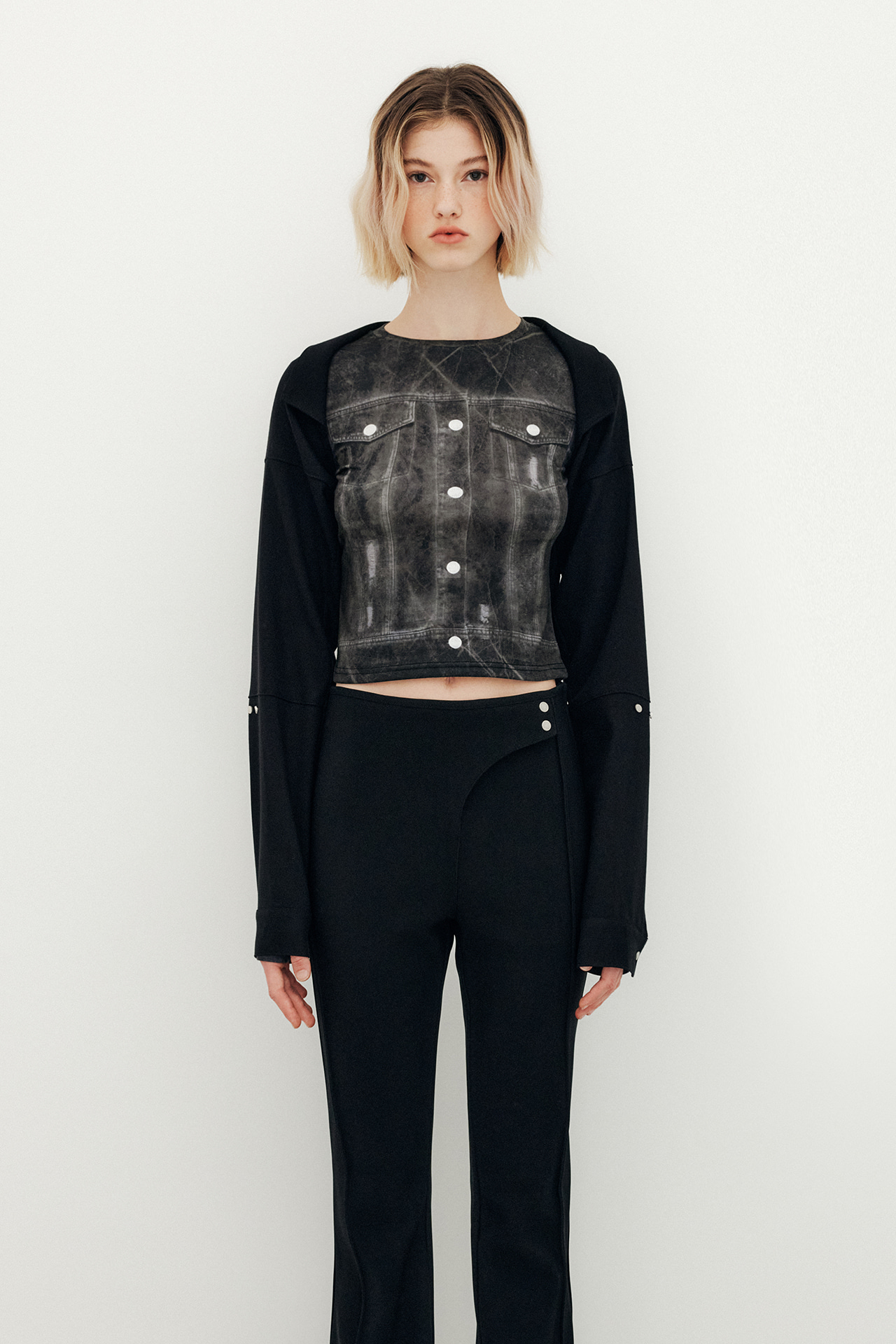 유즈 DOUBLE STRAP BOLERO SHIRT - BLACK - 위시버킷