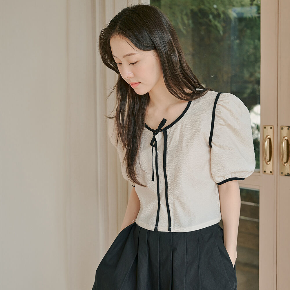 아노에틱 ANC PIPING RIBBON PUFF BLOUSE_IVORY - 위시버킷