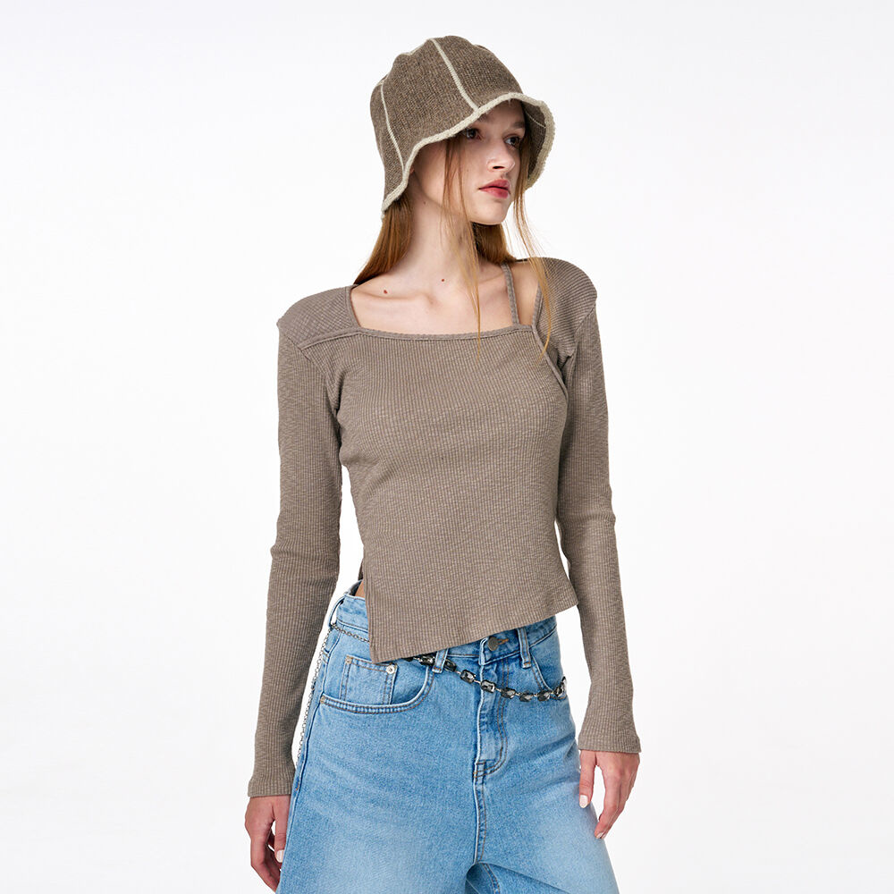 에트몽 Square Neck Slit T-Shirt, Ash Brown - 위시버킷