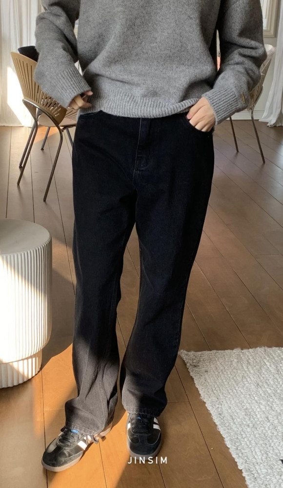 진심 jinsim 진심 콘 블랙 기모 데님 팬츠 코튼 일자 흑청 블랙진 - 위시버킷