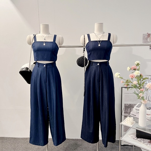 이프유마인 나시팬츠set페미닌 여름 지퍼 데님 청 스퀘어넥 튜브탑 크롭 나시 블라우스 슬리브리스 밴딩 핀턱 와이드 슬랙스 팬츠 투피스 세트 2color 위시버킷