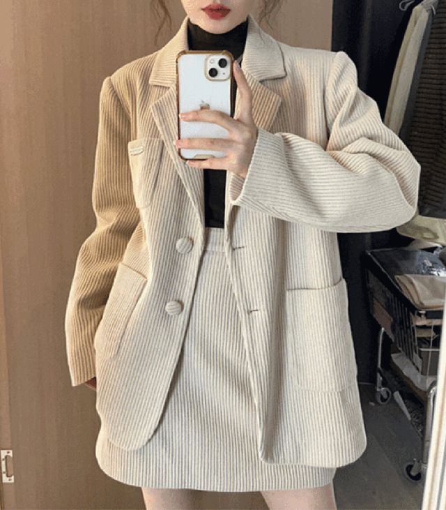 다바나 해외 겨울 모직 니트 여성 투피스 정장 세트 재킷스커트 레트로 와이드 어깨 패드 V넥 싱글 브레스트 버튼 여성자켓 미니스커트 기본치마 A라인 정장치마 숏스커트